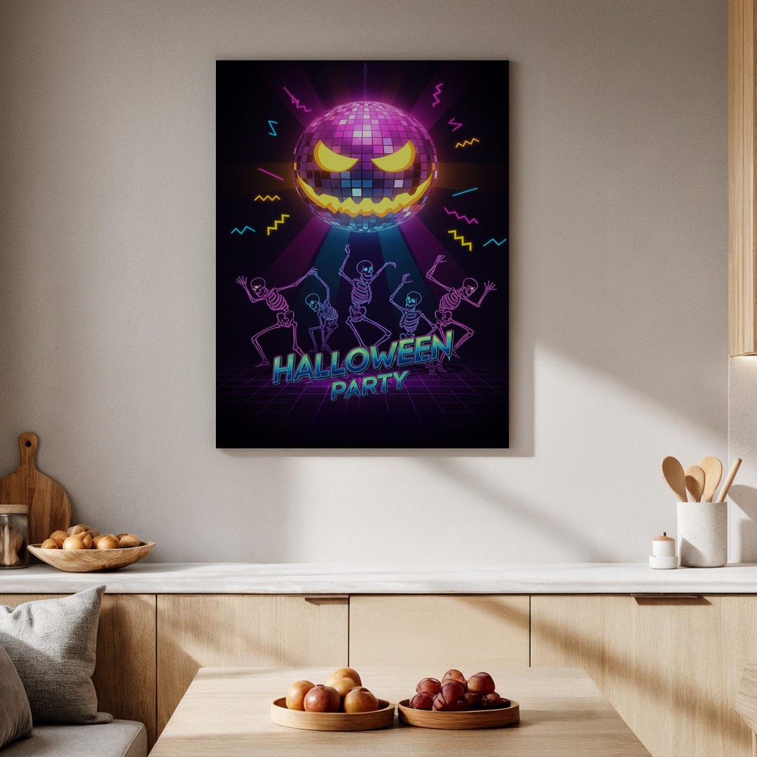 Neon Skeleton Dance Framed Canvas, Retro Halloween Disco Art - Etsy