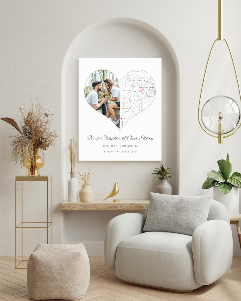 Personalized Couple Portrait Map Canvas Print: Engagement, Wedding, or ...