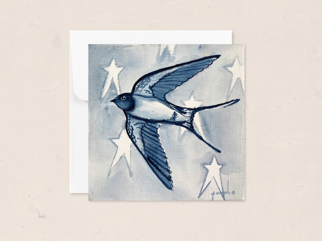 Lucky Barn Swallow Blank Notecard - Indigo Ink Illustration - Etsy