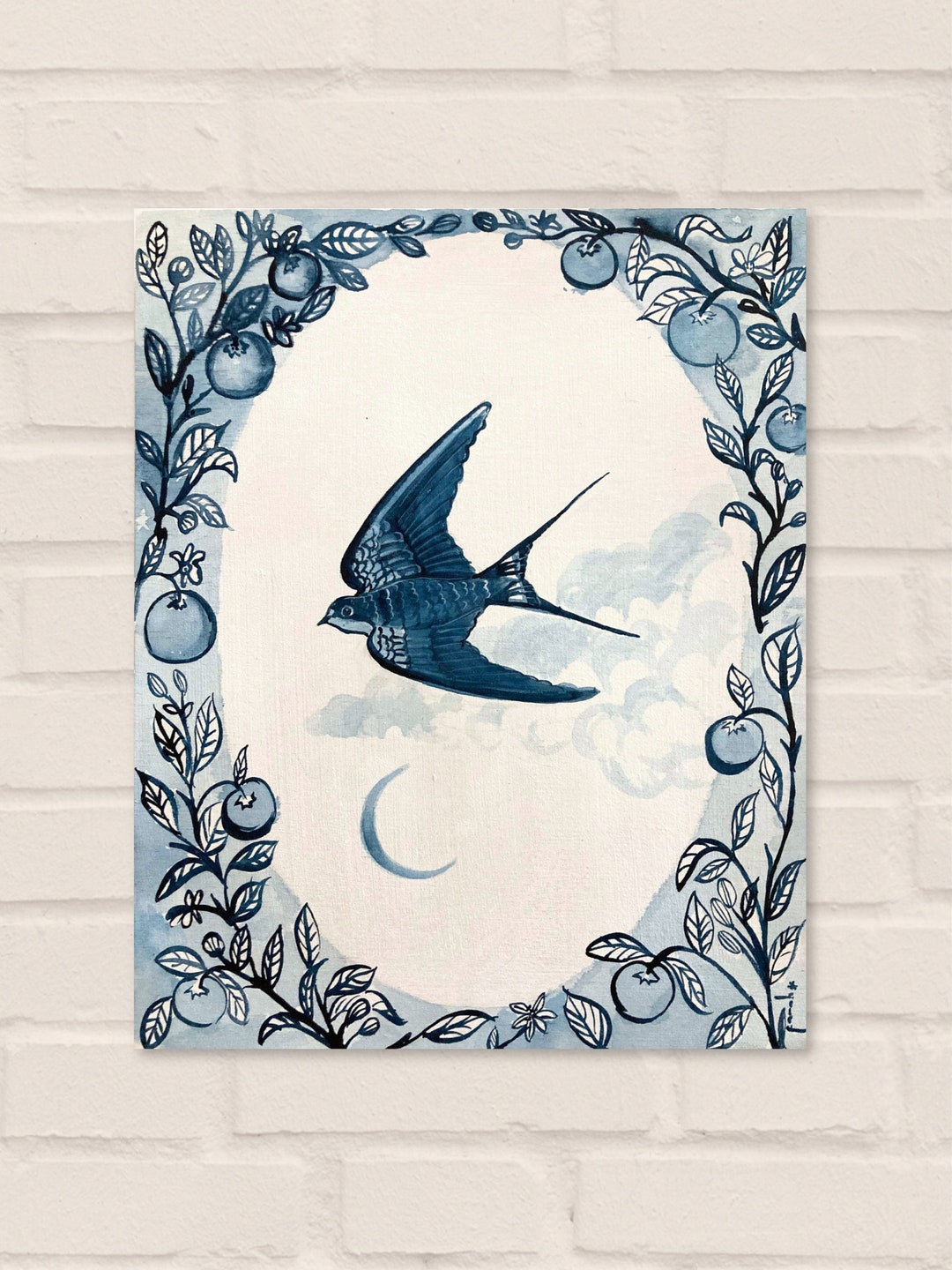 Barn Swallow Print, Indigo Ink Art, Swallow and Fruit Painting, Fine ...