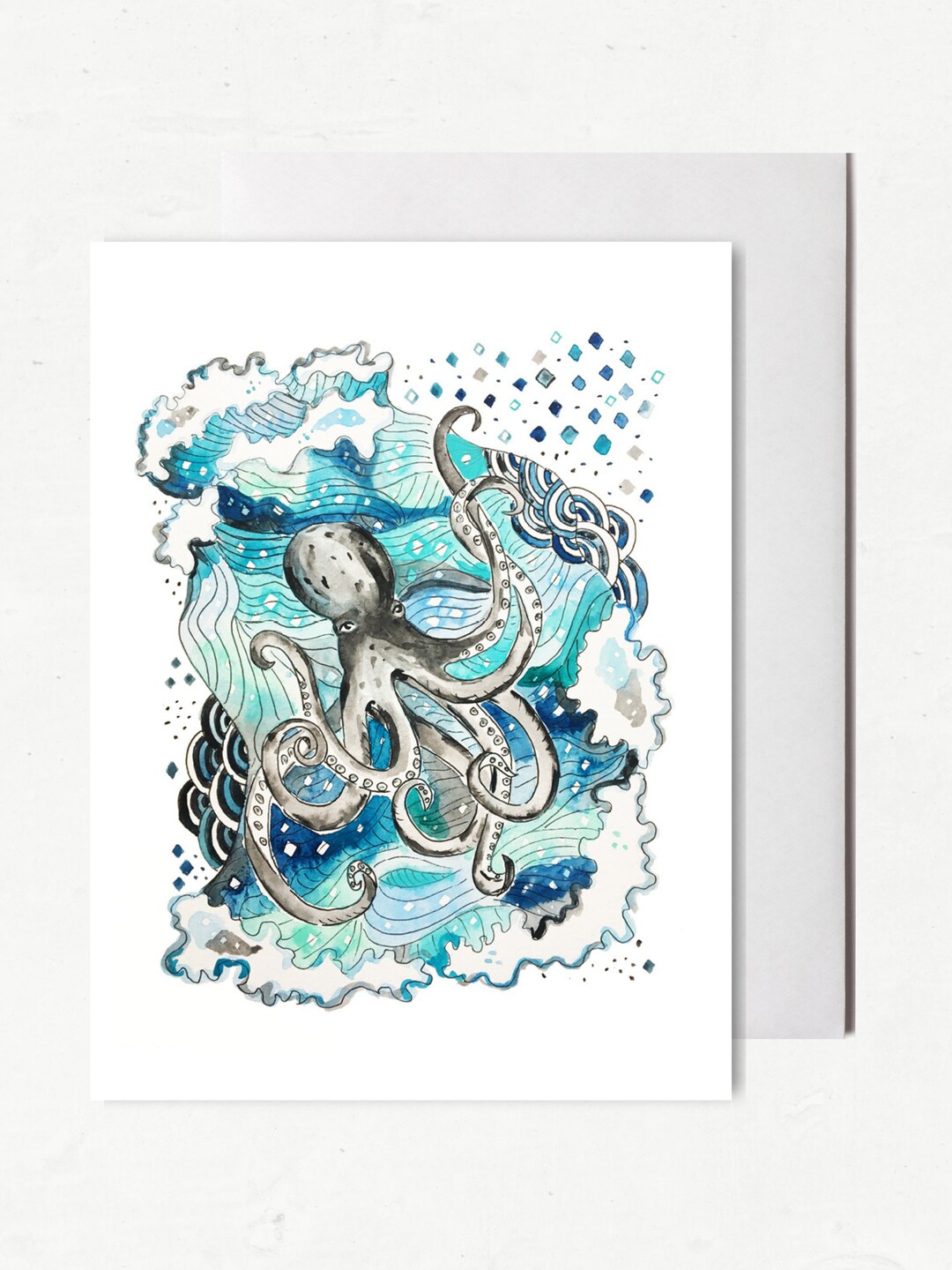 Octopus Notecard - Illustrated Watercolor Blank Card - Etsy