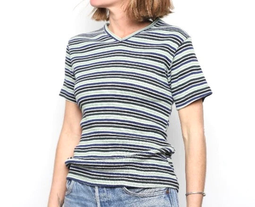 Vintage 90s Y2k Striped V-neck BLUE & Green Fitted Multi-color Top ...