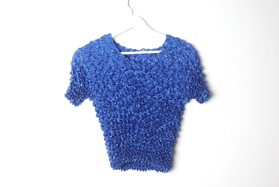 Vintage 90s Popcorn Top Textured Y2k Style BLUE Popcorn Blouse-- One ...