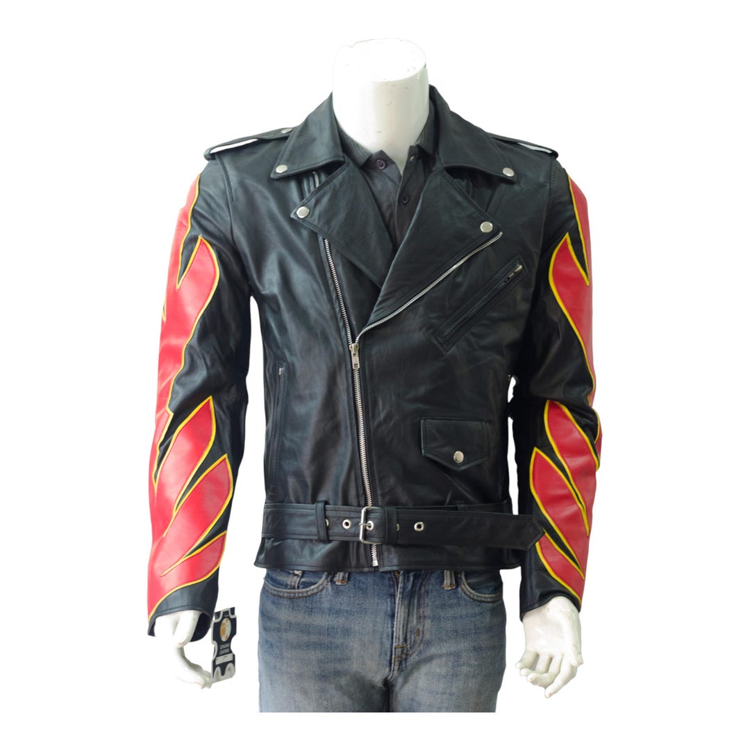 Men's Black Leather Jacket With Red & Yellow Flame Design | Classic ...