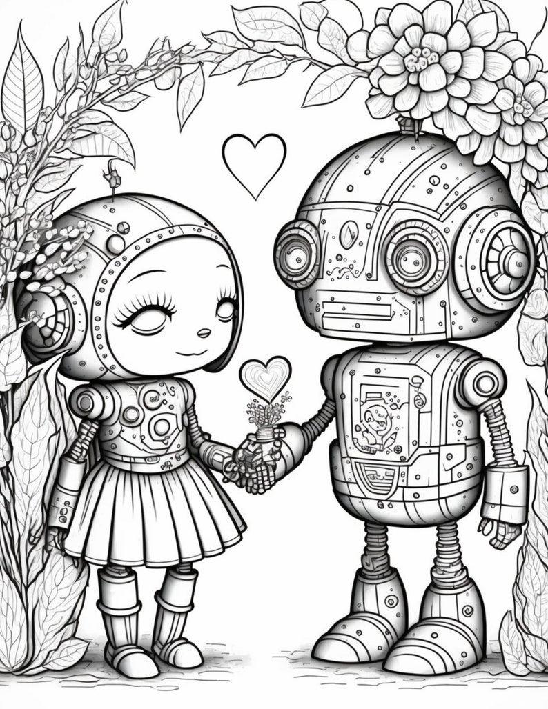 Printable Robot Love Coloring Pages for Adults or Kids, Valentine ...