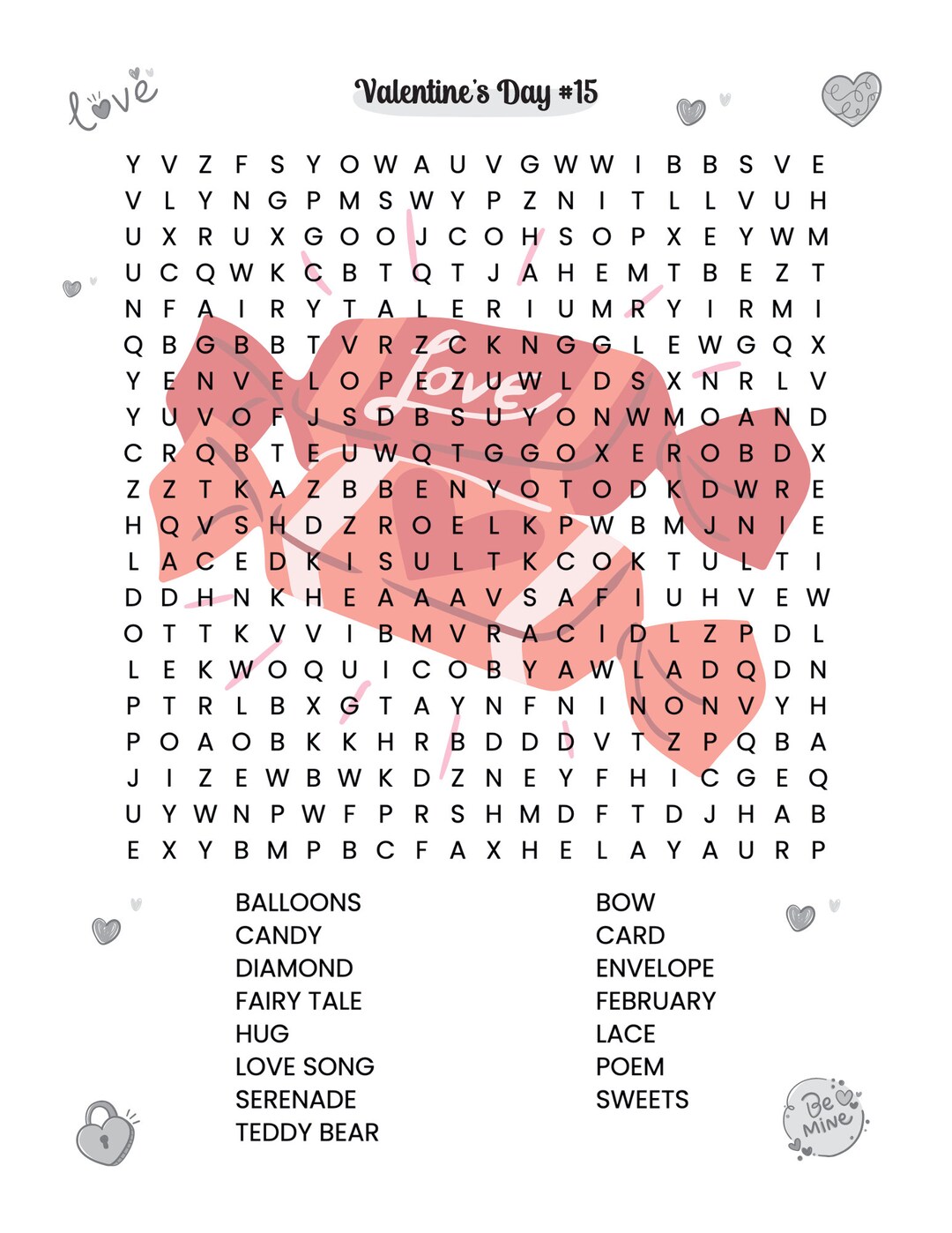 Valentine's Day Word Search, Puzzle, Adults, Party Activity, Printable ...