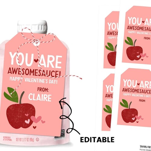 Applesauce Valentines You're Awesomesauce Applesauce | Etsy