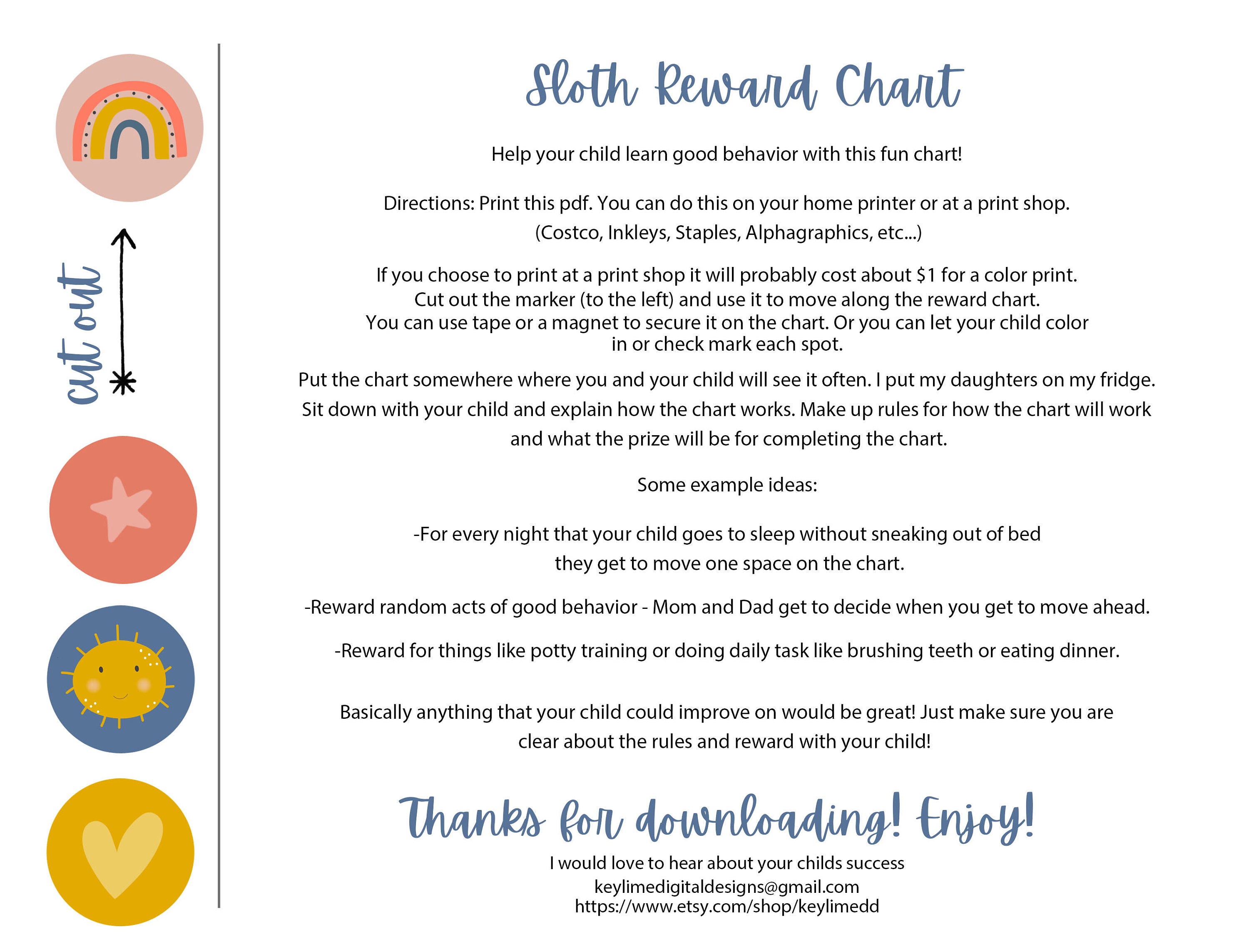 Reward Chart Printable, Kids Chore Chart, Sloth, Digital Download ...