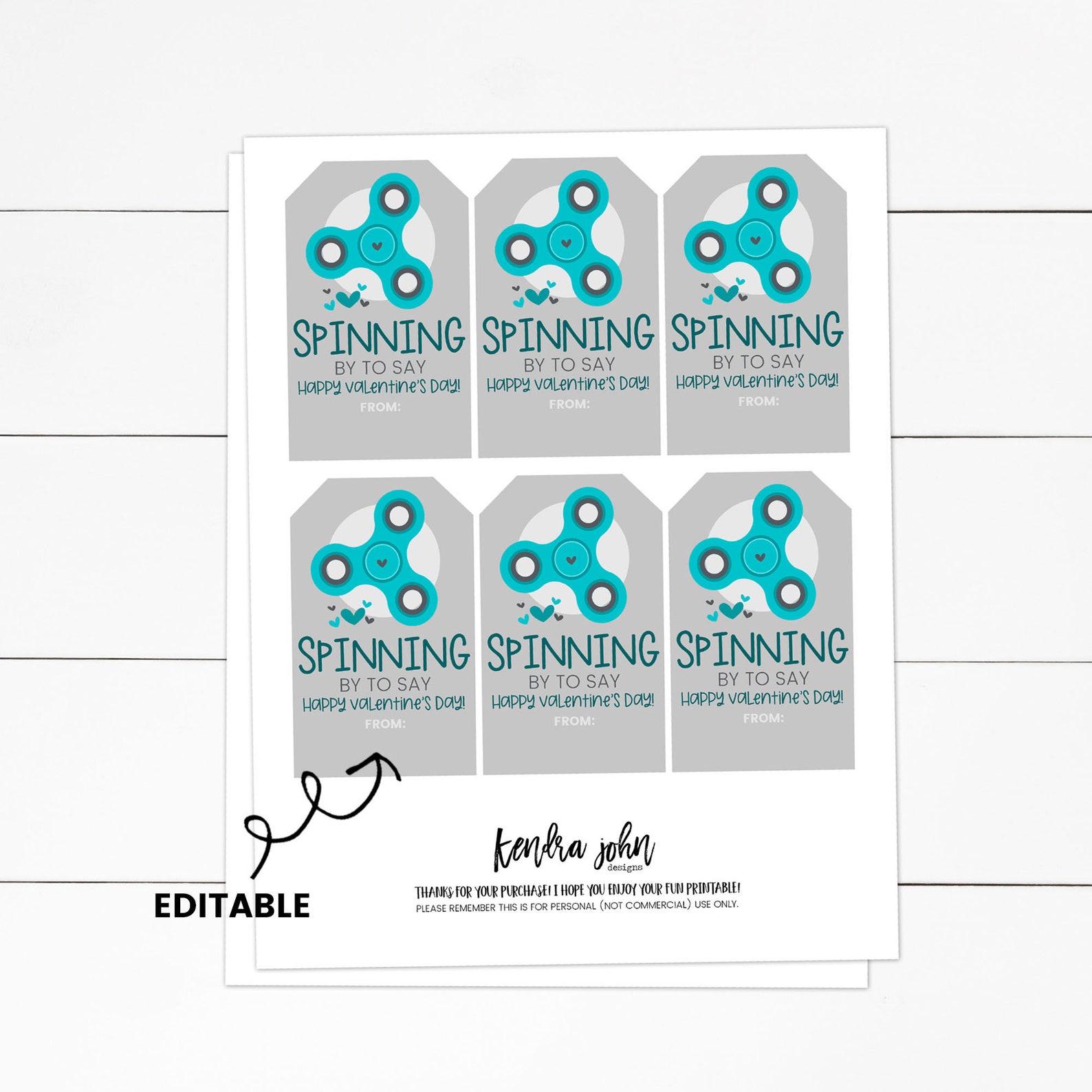 Fidget Spinner Valentines, Valentines Fidget Tag, Valentine's Day Favor ...