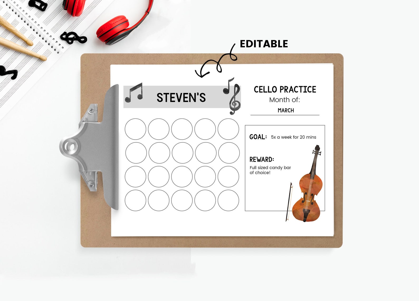 Cello Practice Chart, Printable Practice Log, Cello Practice Tracker, Cello Teacher Resource ...