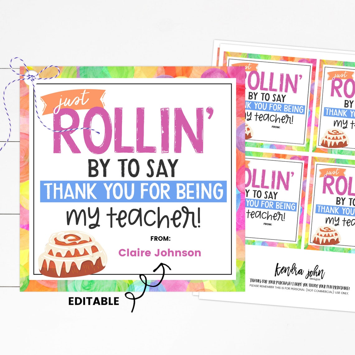 Cinnamon Roll Gift Tag, Teacher Appreciation Printable, Teacher ...