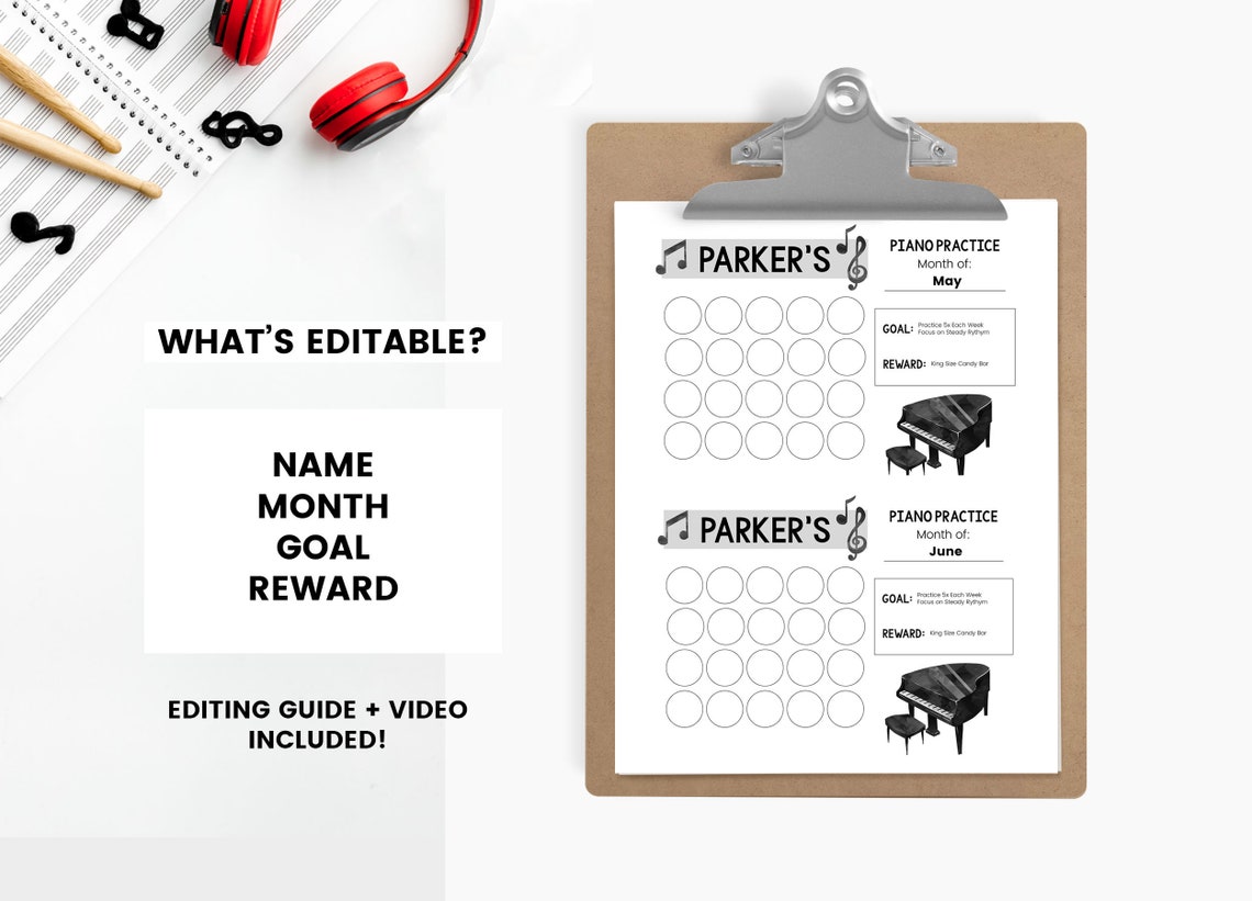Piano Practice Chart, Printable Practice Log, Piano Practice Tracker ...