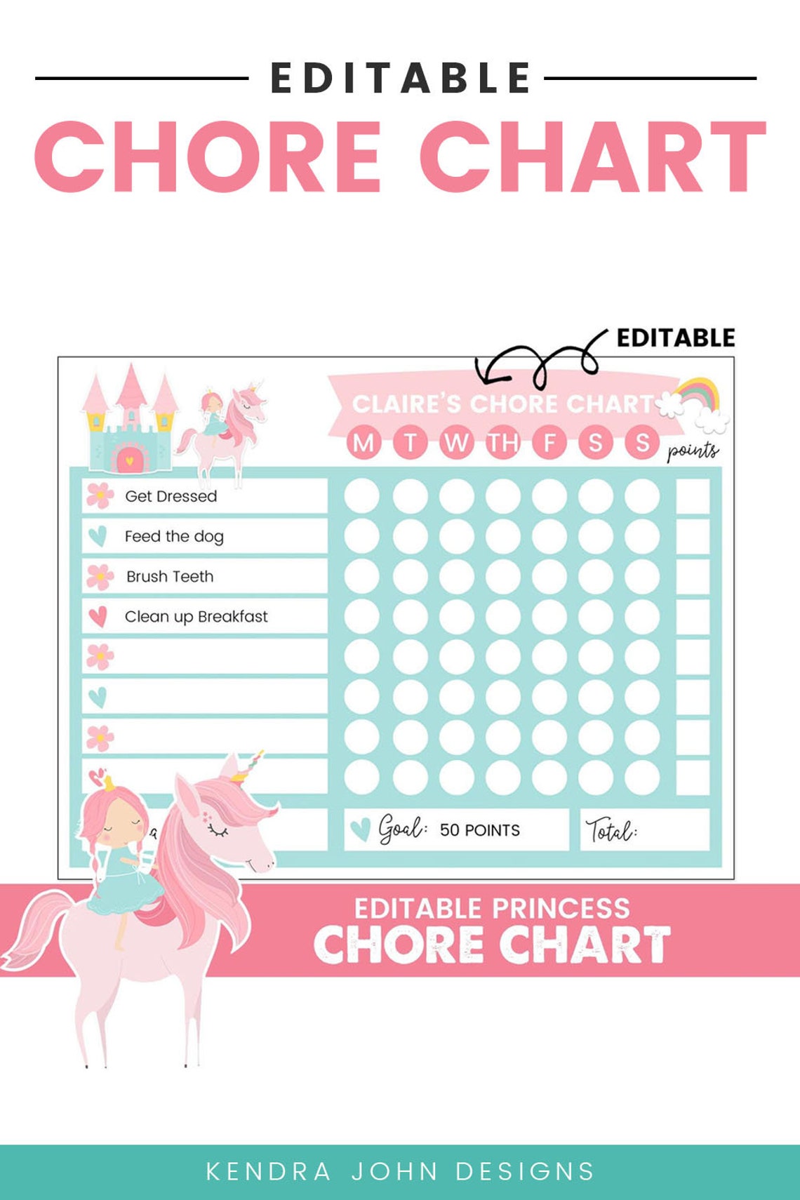Editable Princess Chore Chart Kids Chore Chart Reward Chart | Etsy Canada