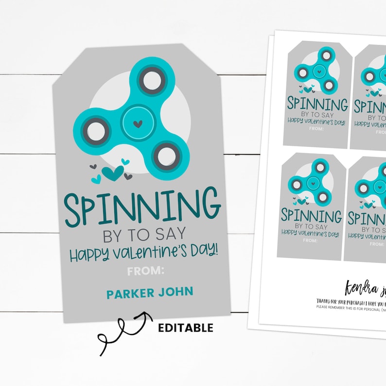 Fidget Spinner Valentines, Valentines Fidget Tag, Valentine's Day Favor ...