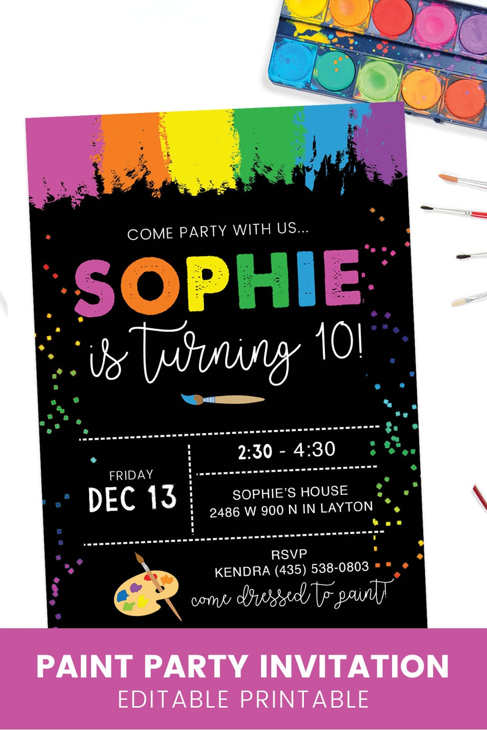 Paint Party Invite, Paint Party Invitation, Art Party Invite, Editable ...