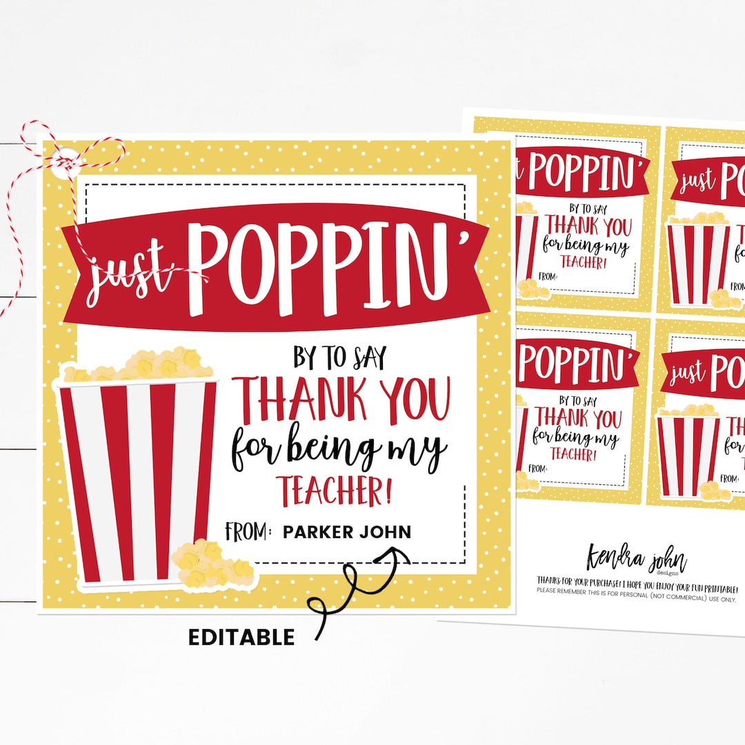 Popcorn Teacher Gift, Teacher Appreciation Printable, Teacher Thank You ...