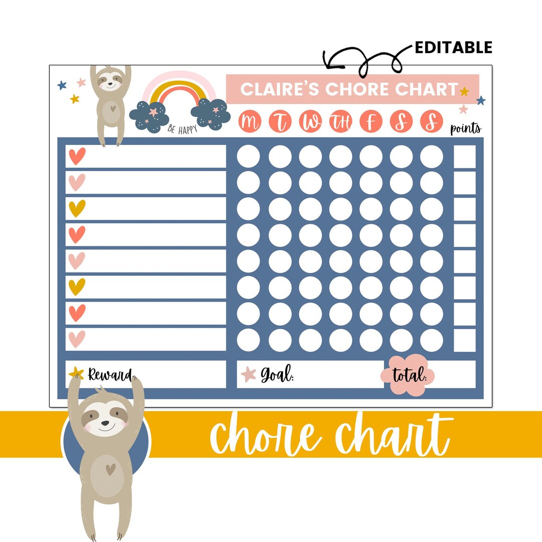 Editable Sloth Chore Chart, Kids Chore Chart, Reward Chart, Toddler ...
