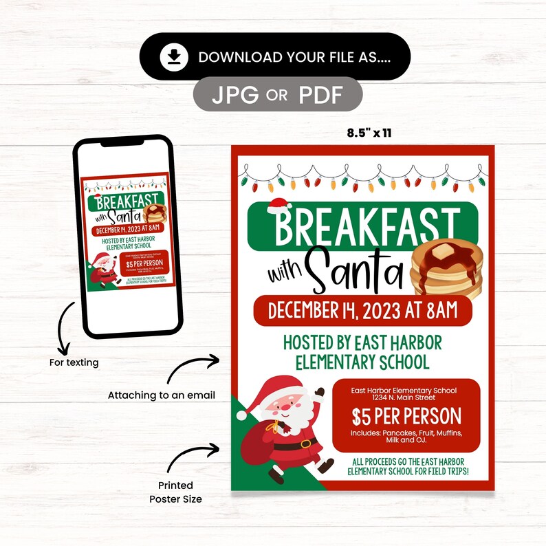 Breakfast With Santa Flyer, Pancakes With Santa, Christmas Fundraiser ...