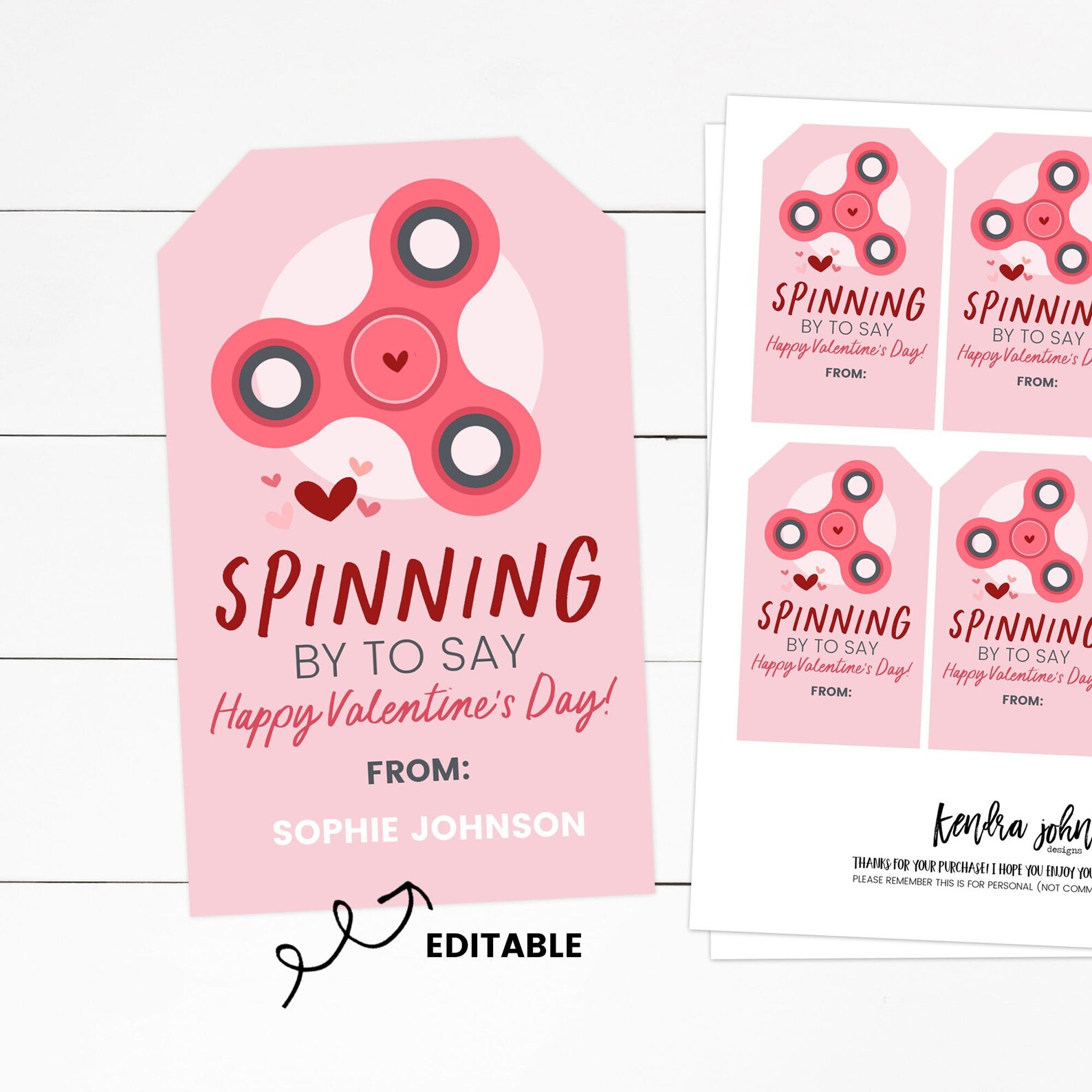 Fidget Spinner Valentines, Valentines Fidget Tag, Valentine's Day Favor ...