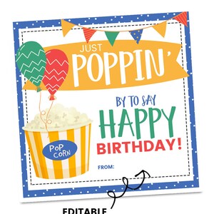 Popcorn Gift Tag, Happy Birthday Treat Tag, Just Poppin' By ...