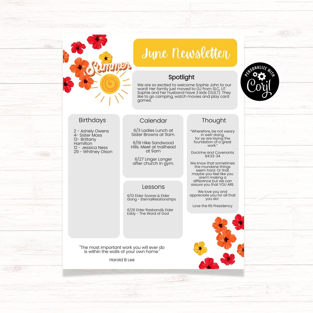 Relief Society Newsletter Template, Summer Newsletter Template, Relief ...