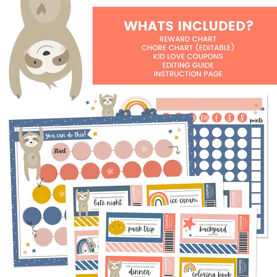 Sloth Chart Kids Reward Chart Kid Coupon Kids Chore Chart - Etsy