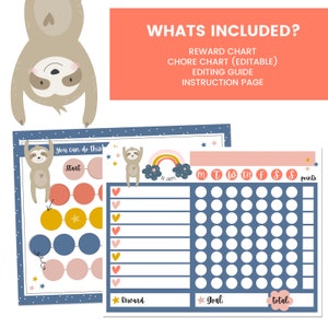 Sloth Chart, Kids Reward Chart, Kids Chore Chart, Toddler Reward Chart ...