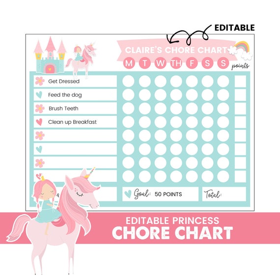 Editable Princess Chore Chart Kids Chore Chart Reward Chart | Etsy