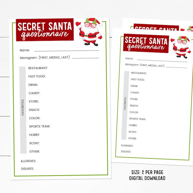 Secret Santa Questionnaire Gift Exchange Questionnaire - Etsy