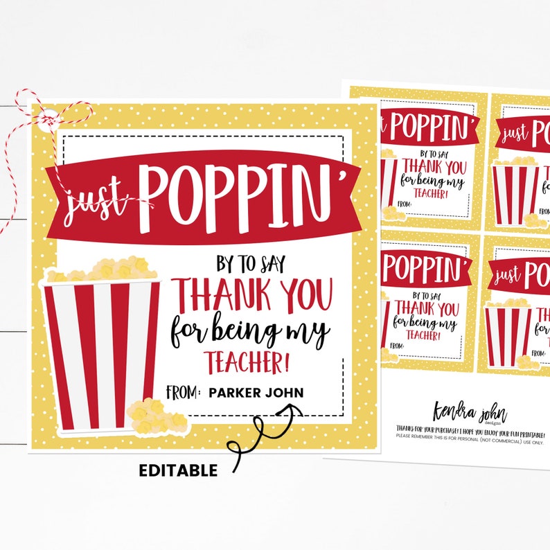 Popcorn Teacher Gift, Teacher Appreciation Printable, Teacher Thank You ...