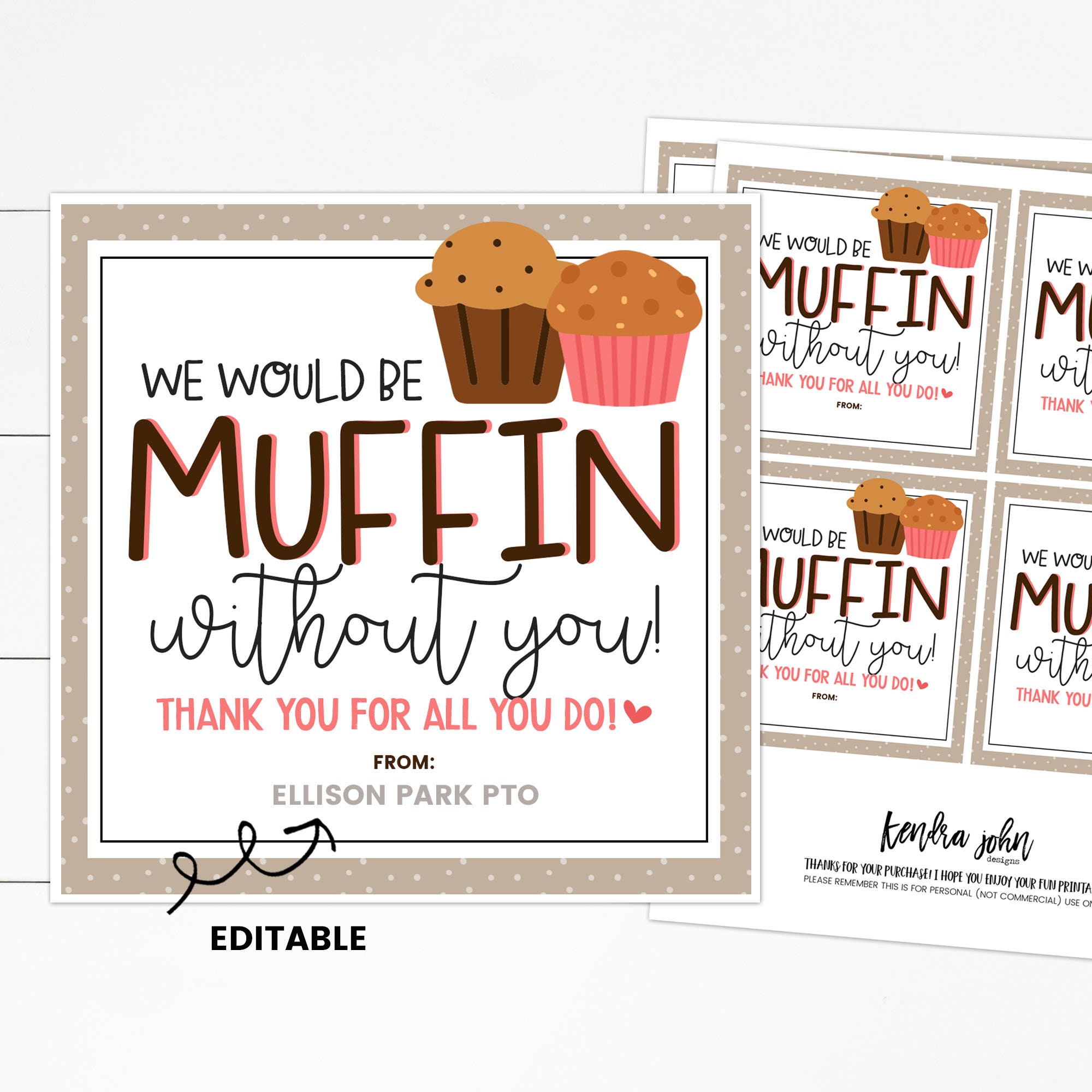 Printable Muffin Tag Muffin Thank You Teacher Appreciation | Etsy