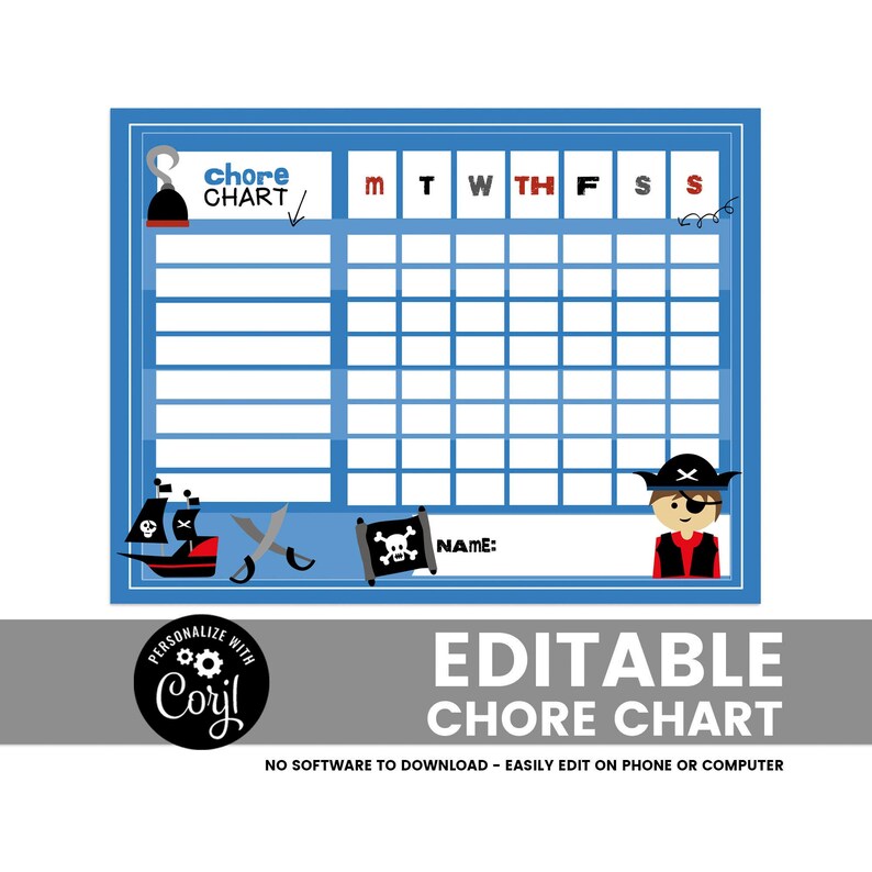 Chore Chart Editable Chart Pirate Chart Design Digital - Etsy