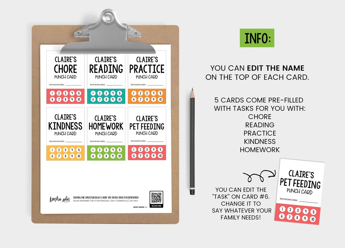 Kids Punch Cards, Punch Card Template, Chore Punch Card, Reward Chart ...