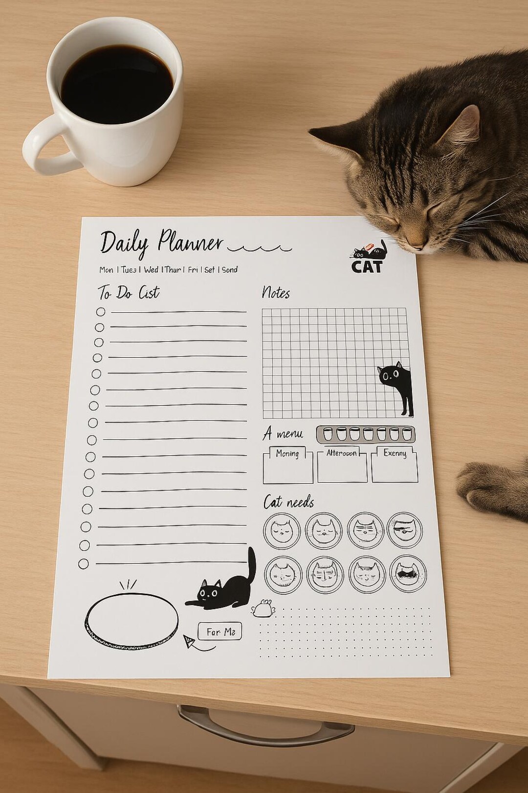 Cute Cat Daily Planner | Printable To-do List, Notes & Mood Tracker ...
