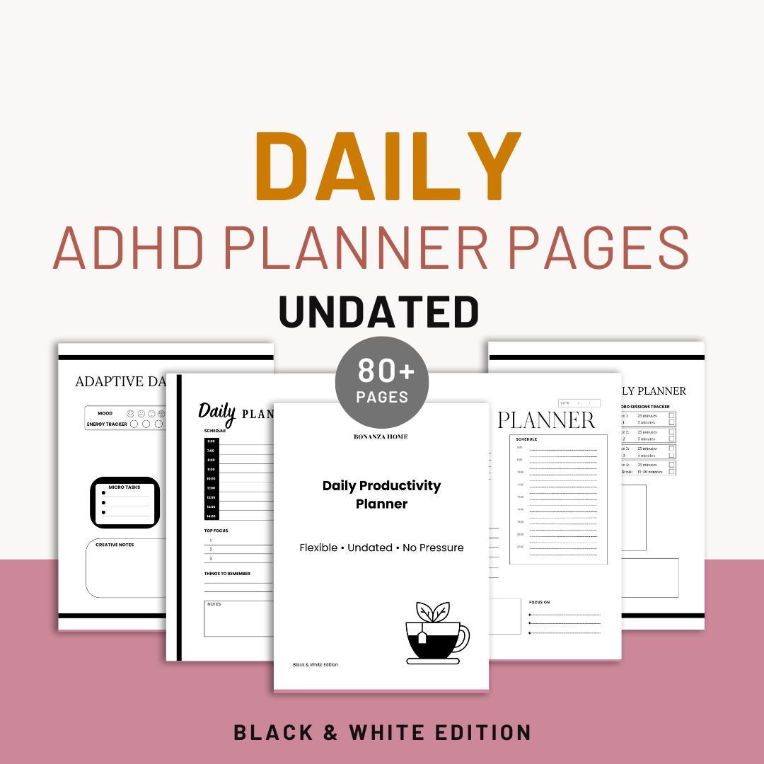 ADHD Daily Planner Printable PDF Black & White | 91 Minimal Focus ...