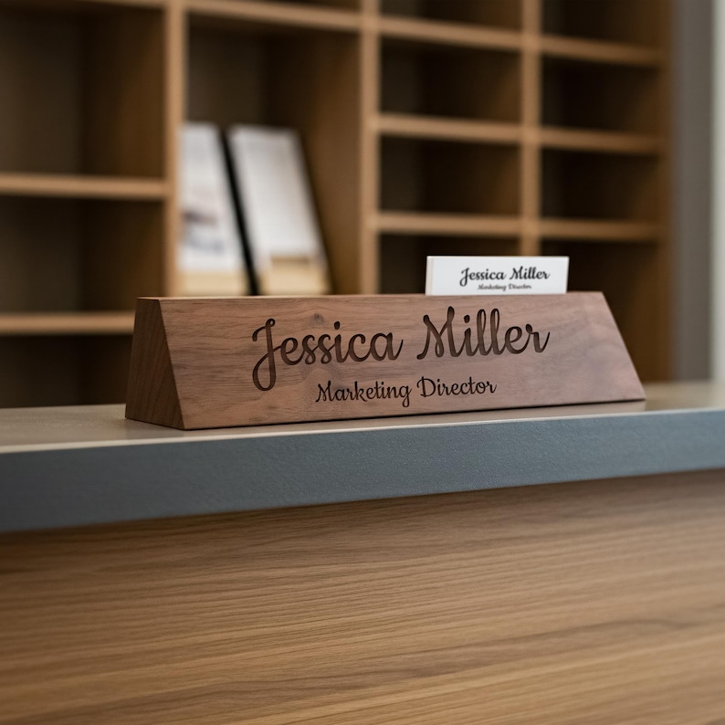 Custom Walnut Desk Wedge With Business Card Holder – Personalized ...