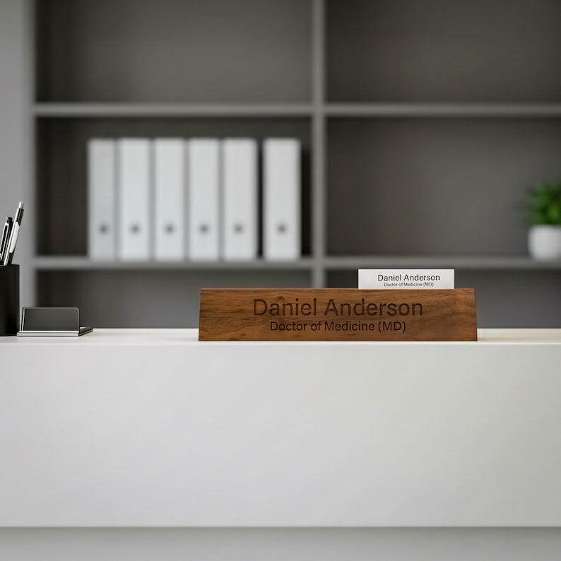 Custom Walnut Desk Wedge With Business Card Holder – Personalized ...