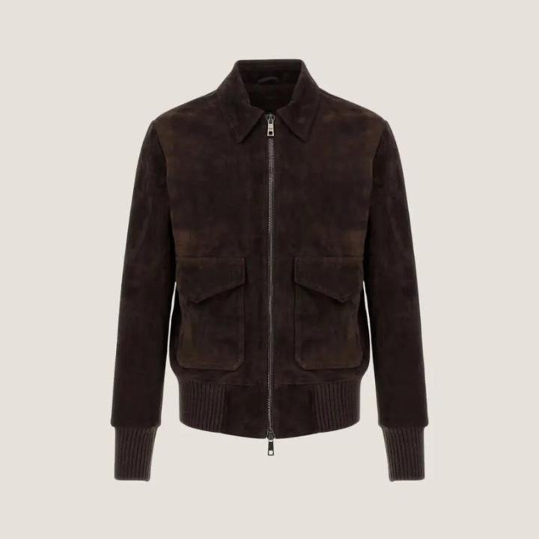 Coffee Brown Suede Bomber Jacket for Men – Goatskin Leather Zip Jacket ...