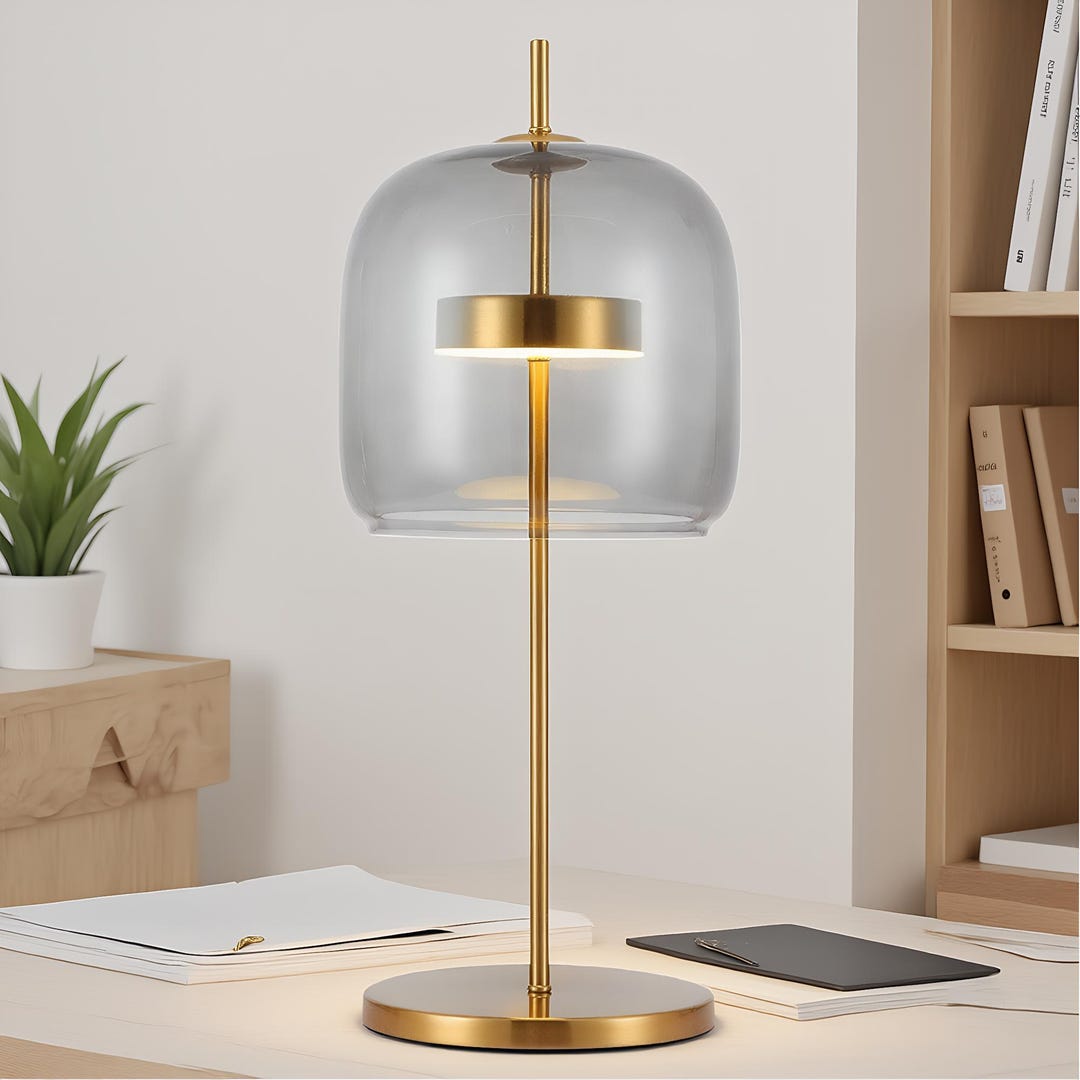 Smoked Glass Dome Table Lamp, Modern Brushed Gold LED Desk Light - Etsy
