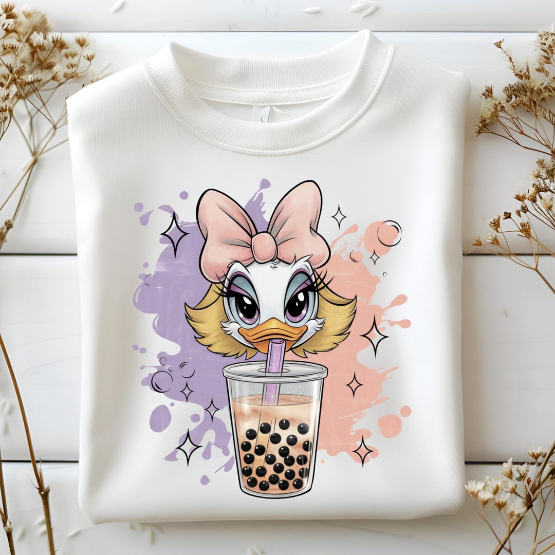 Daisy Duck Boba Png, Kawaii Bubble Tea Cartoon Clipart, Pink Bow Duck With Drink, Pastel Splash ...