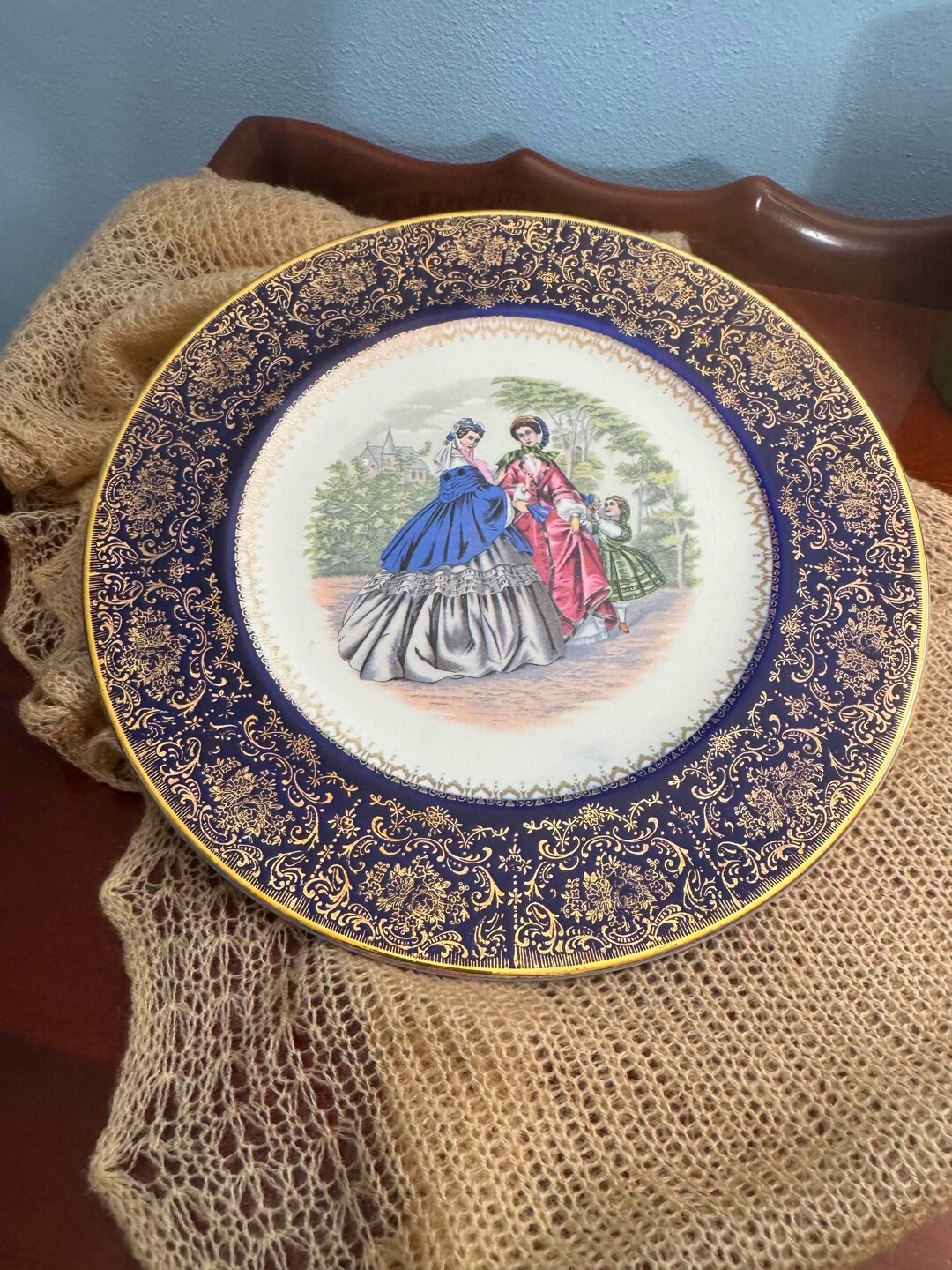 Vintage Imperial Salem Cobalt Plate: 23K Gold Victorian Scene, Royal ...
