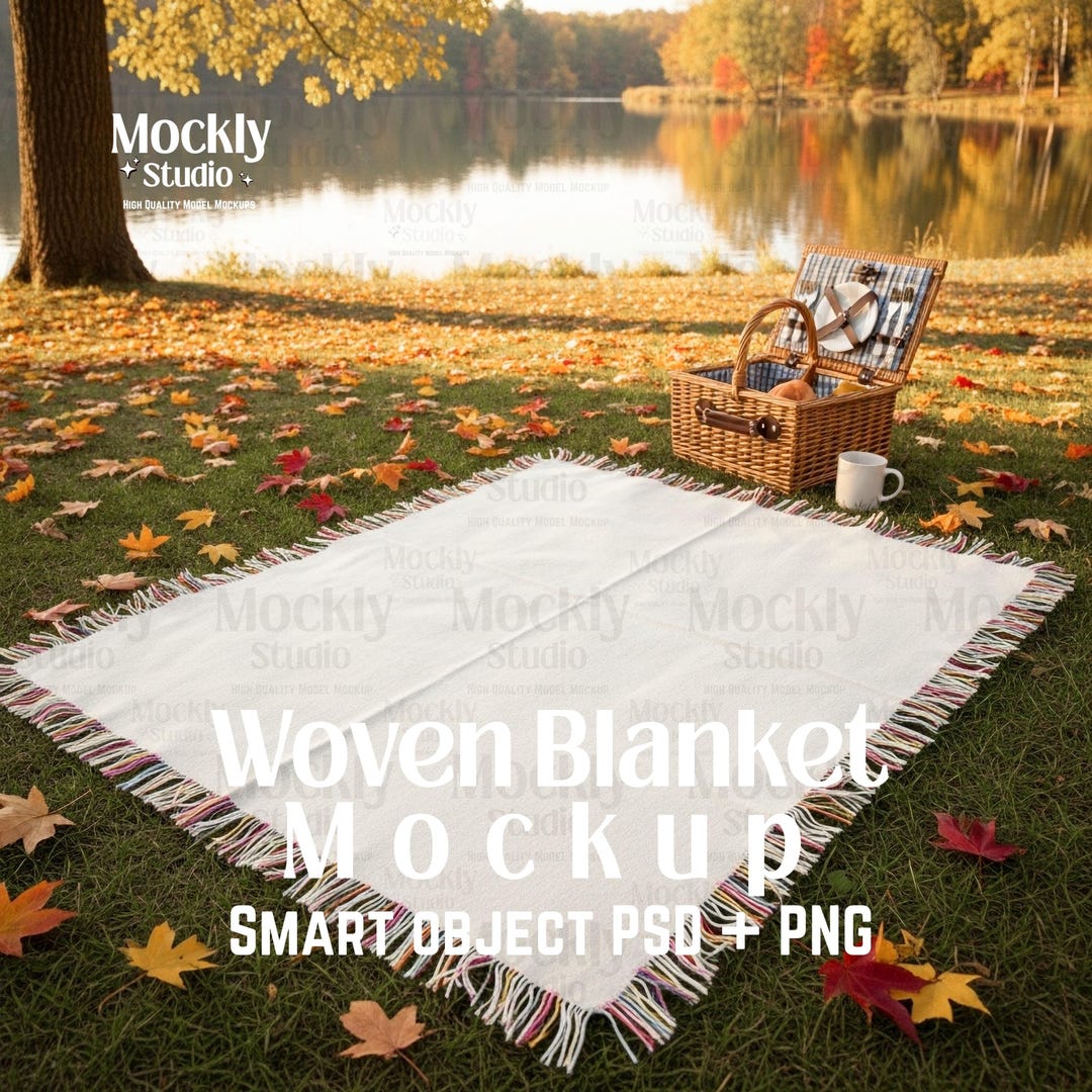 Woven Blanket Mockup Fall Picnic Scene, Woven Throw Blanket Mock Up ...