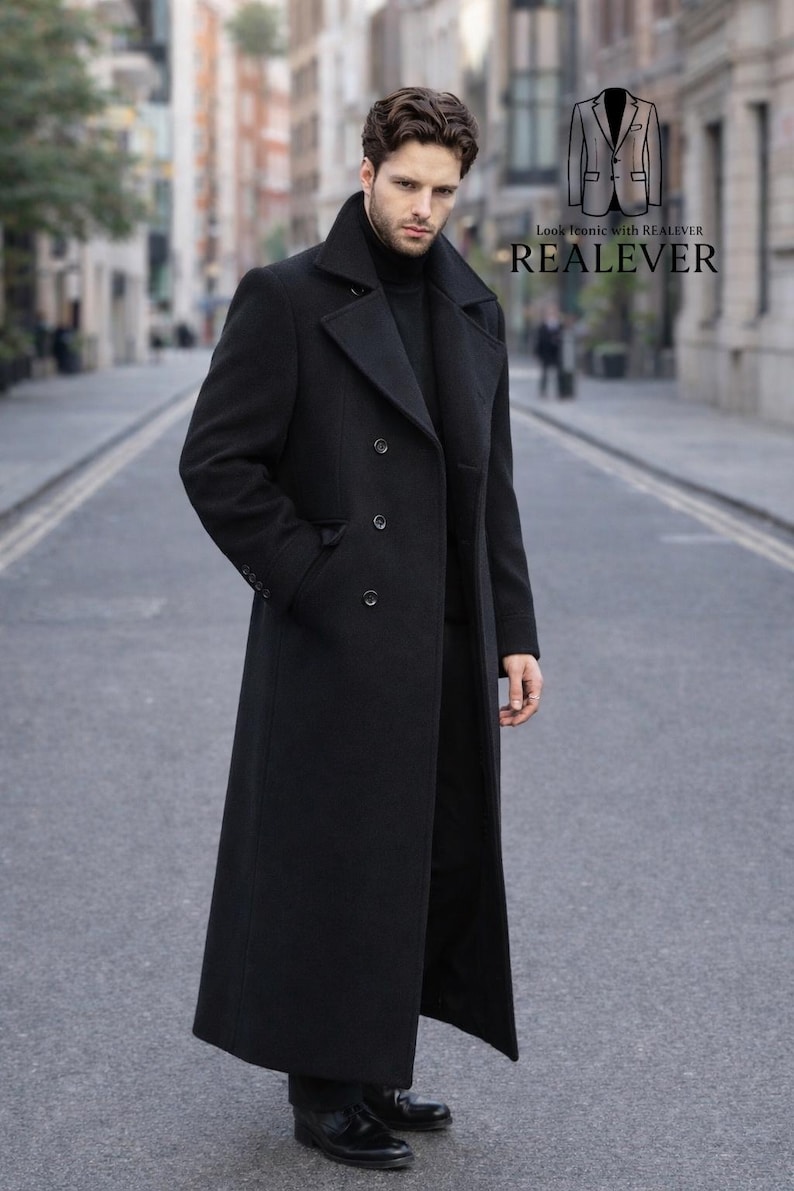 Men’s Black Long Overcoat – Elegant Tailored Winter Coat With Wide ...