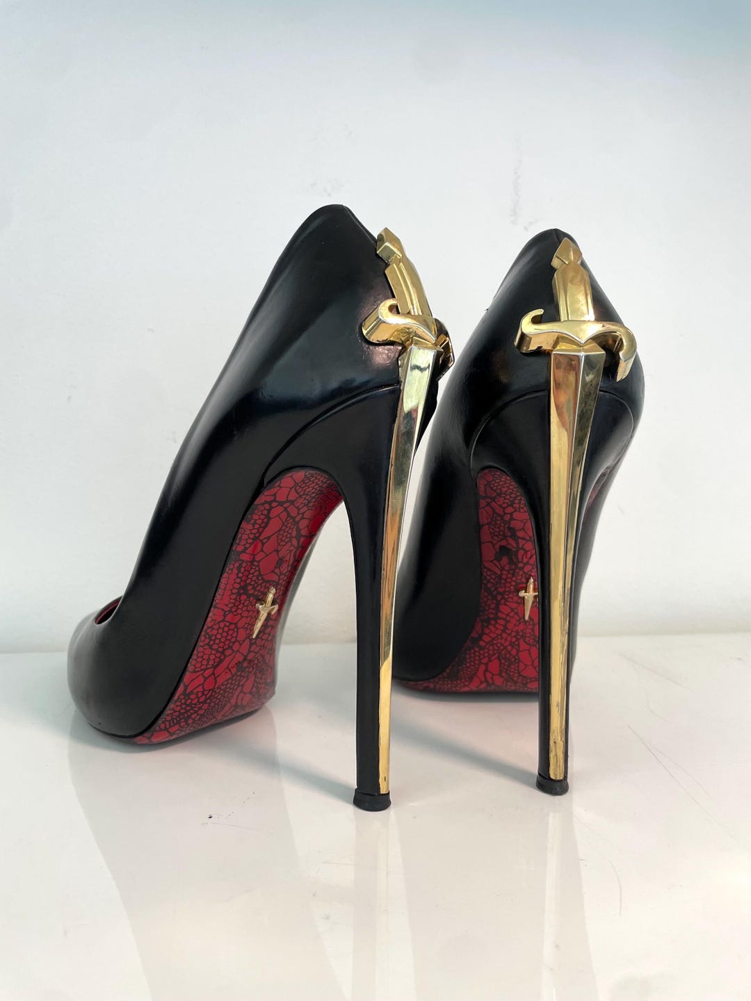 Rare Cesare Paciotti Lady Blade / Dagger Heels Pumps, Black and Gold ...