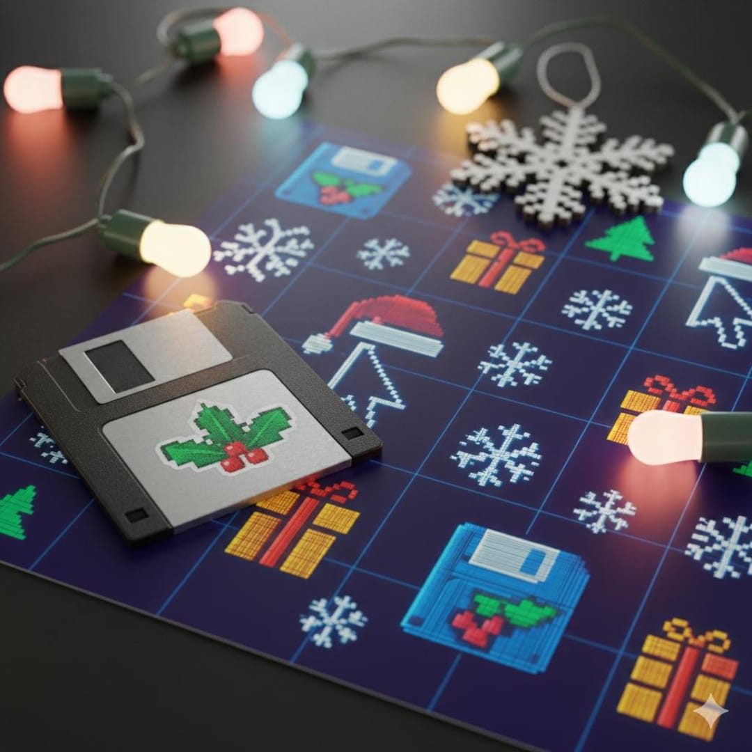 90s Pixel Christmas Wrapping Paper | Retro Computer Xmas Icons, Floppy ...