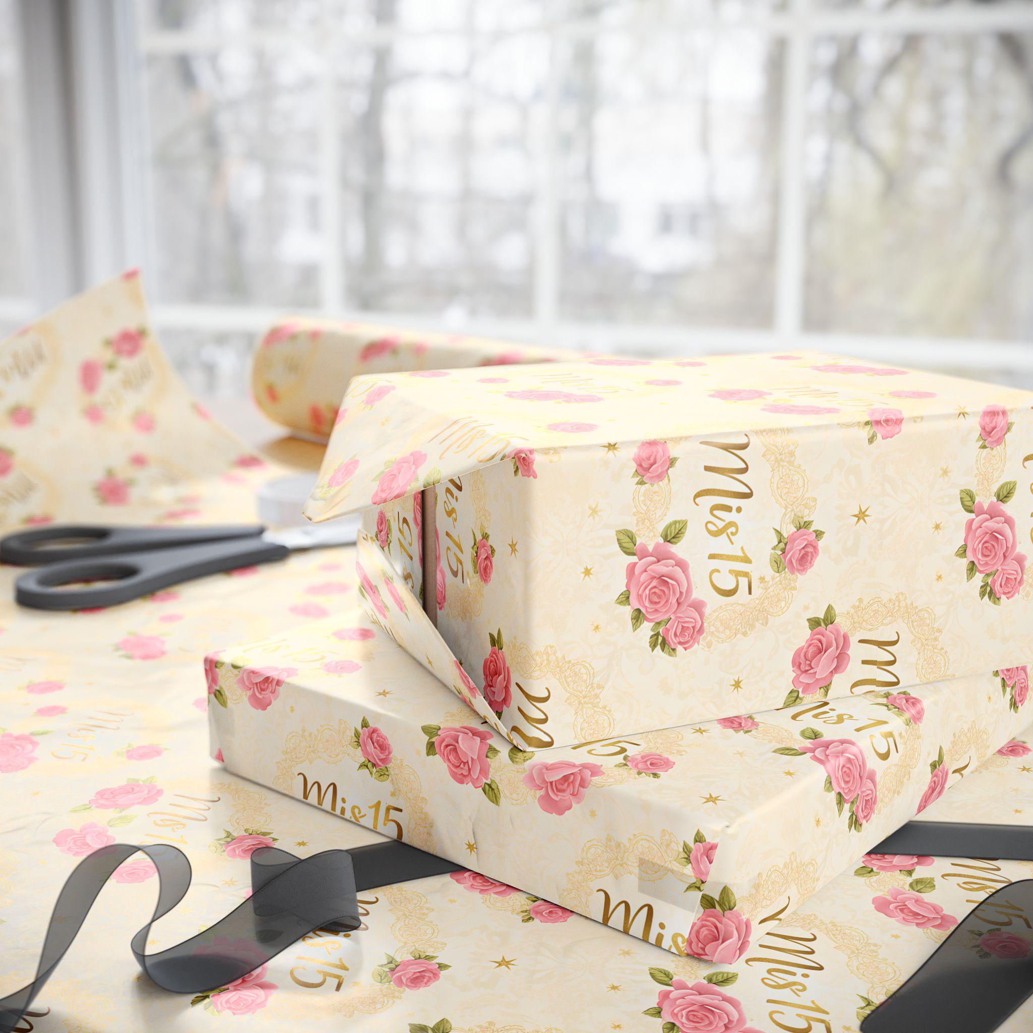 Mis 15 Wrapping Paper | Quinceañera Gift Wrap With Pink Roses & Gold ...