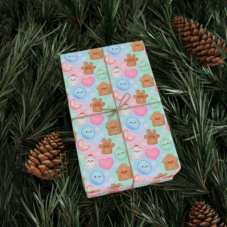 Kawaii Gingerbread Christmas Wrapping Paper | Cute Bear & Cookie ...