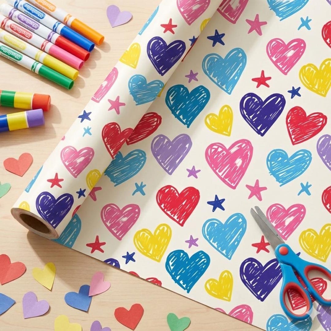 Kids Valentine's Day Wrapping Paper | Colorful Heart Doodle Gift Wrap ...