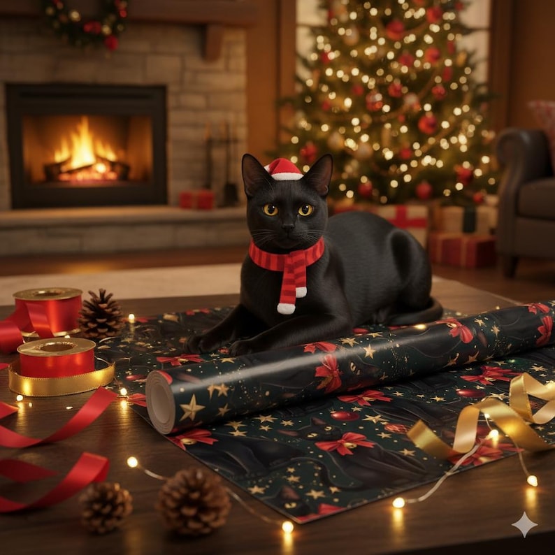Bombay Cat Christmas Wrapping Paper | Black Cat Gift Wrap | Elegant ...
