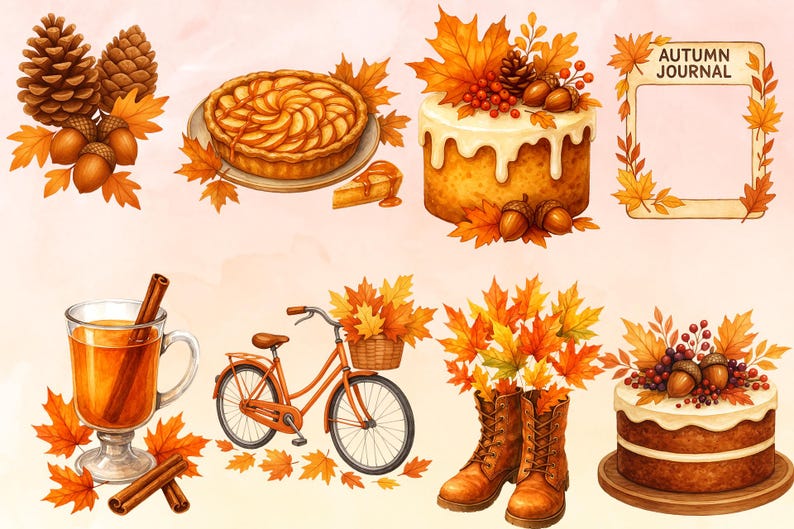 Cosy Autumn Clipart Bundle, 100 Fall PNG Designs, 300 DPI Commercial ...
